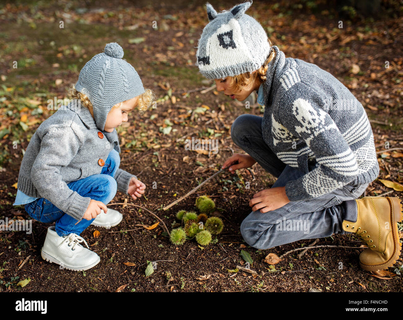 Two boys with collected sweet chestnuts Stock Photo - Alamy