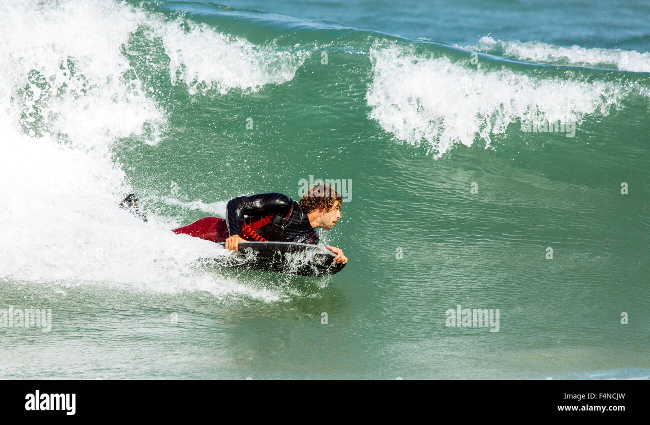 Spain, Asturias, Colunga, body board rider on the waves Stock Photo - Alamy