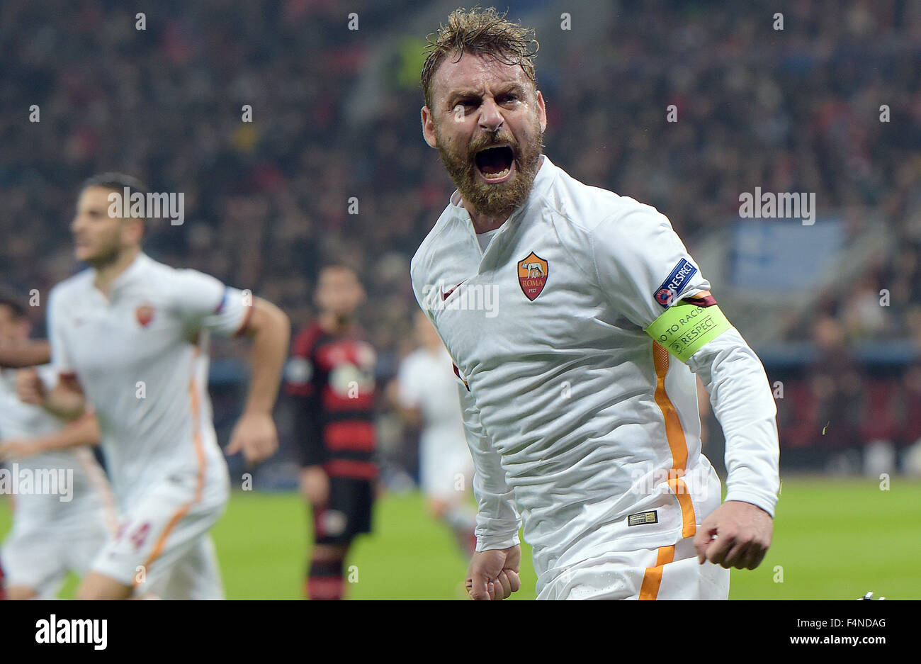 Leverkusen, Germany. 20th Oct, 2015. Rom's Daniele De Ross celebrates ...