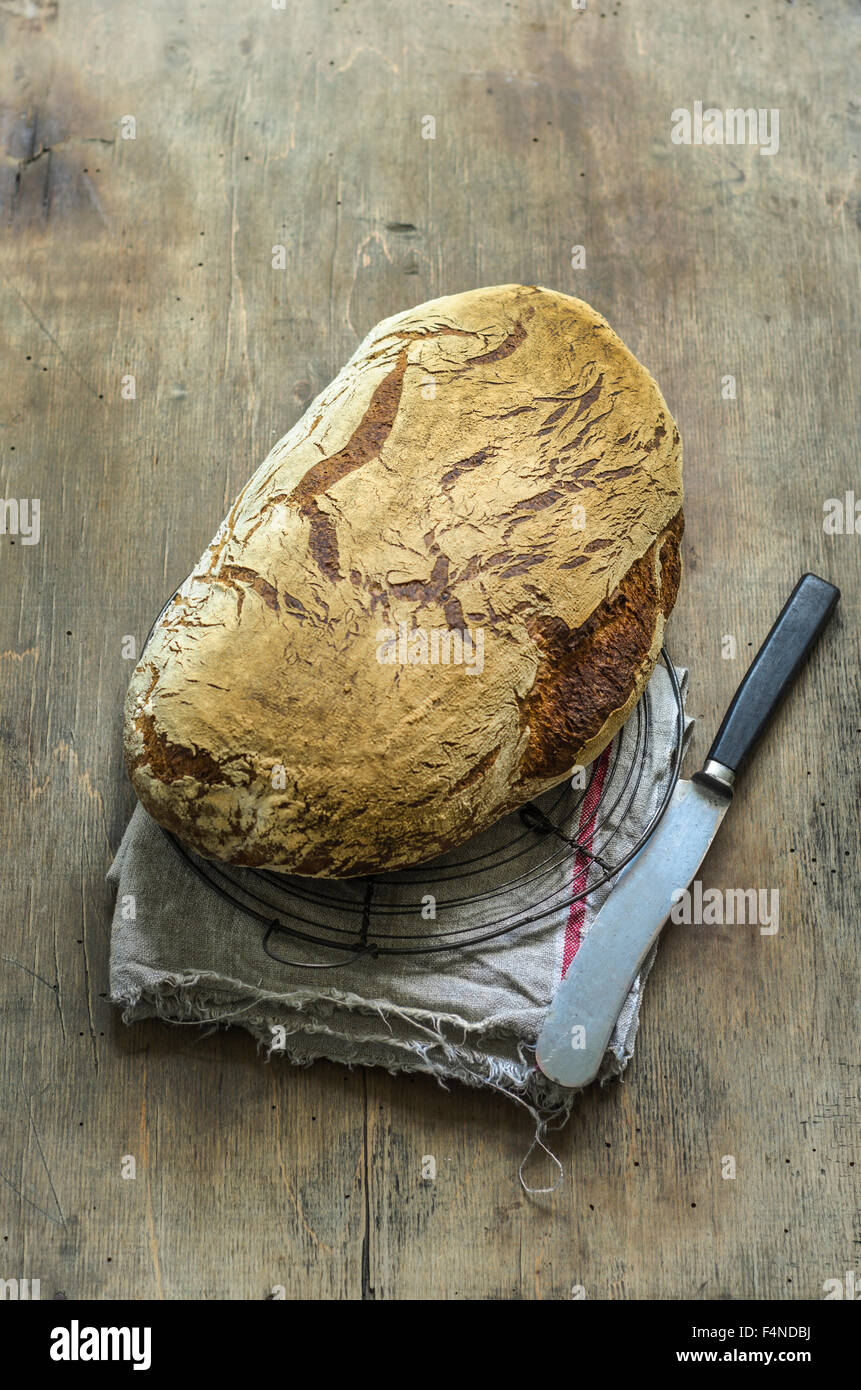 Home-baked farmhouse bread on cooling grid, with wholemeal and rye ...
