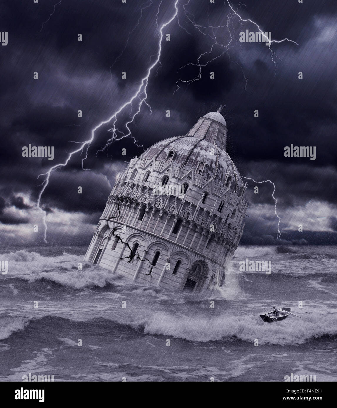 Tower sinking in apocalyptic flood and storm Stock Photo - Alamy