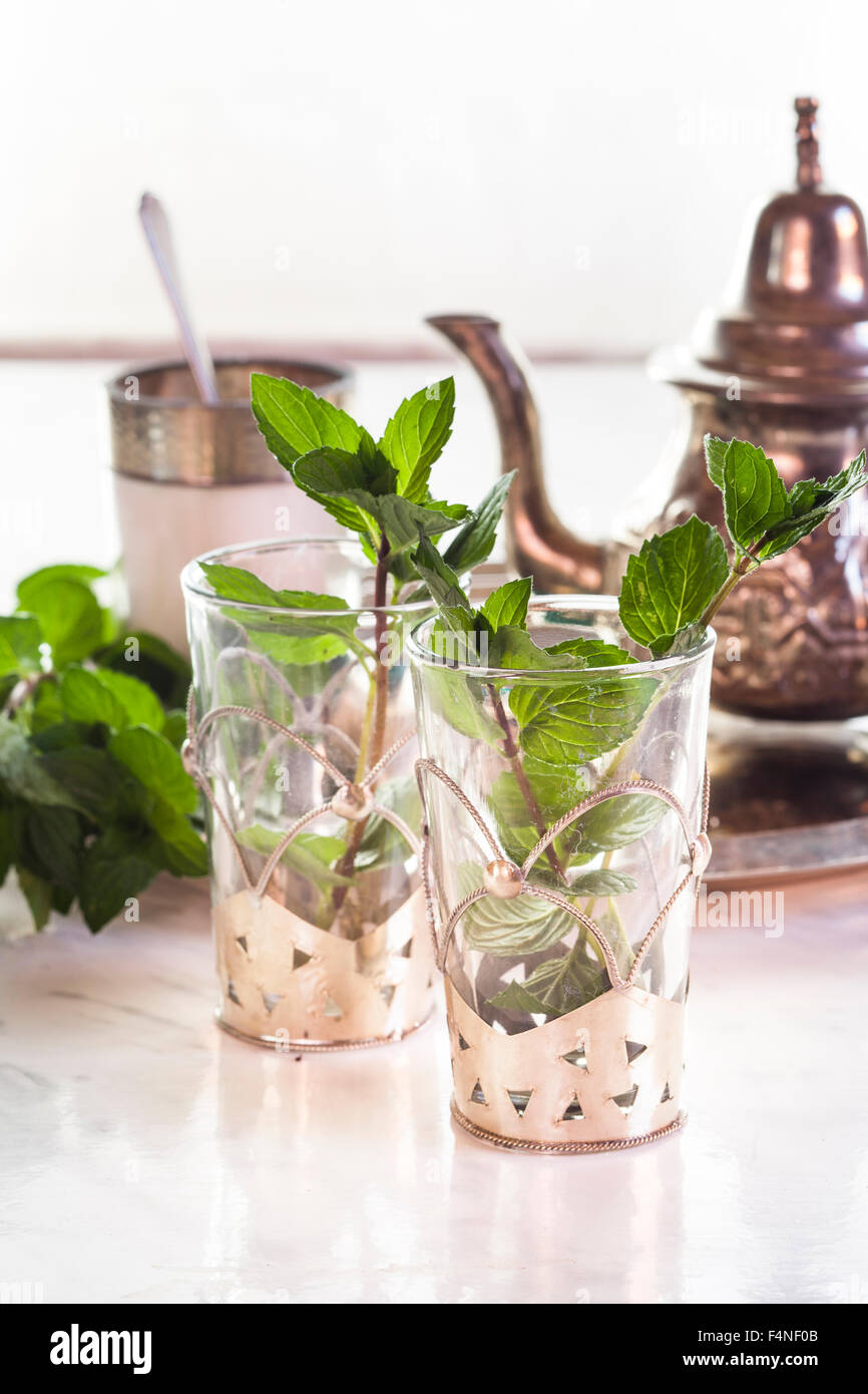 Tray with ingredients for traditional North African mint tea Stock ...
