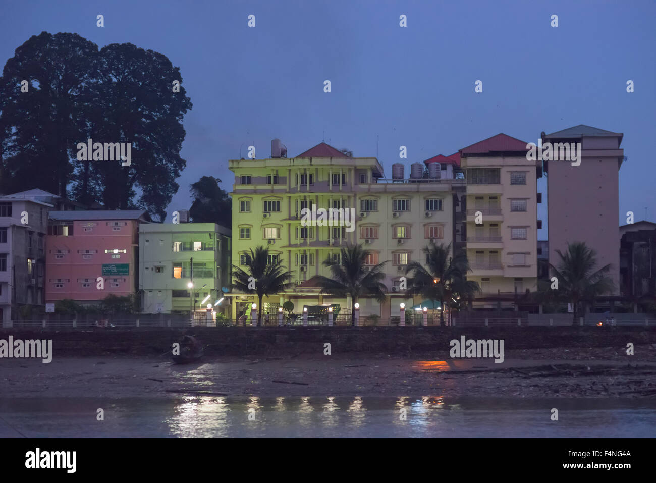 Buildings along the waterfront in Myeik, a township in the Tanintharyi ...