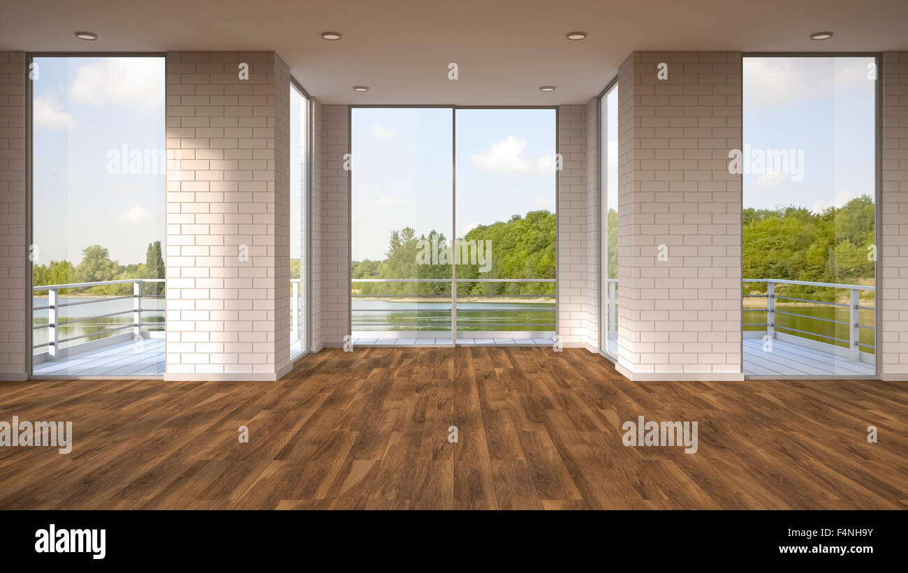 Empty room with wooden floor and view to a lake, 3D Rendering Stock ...