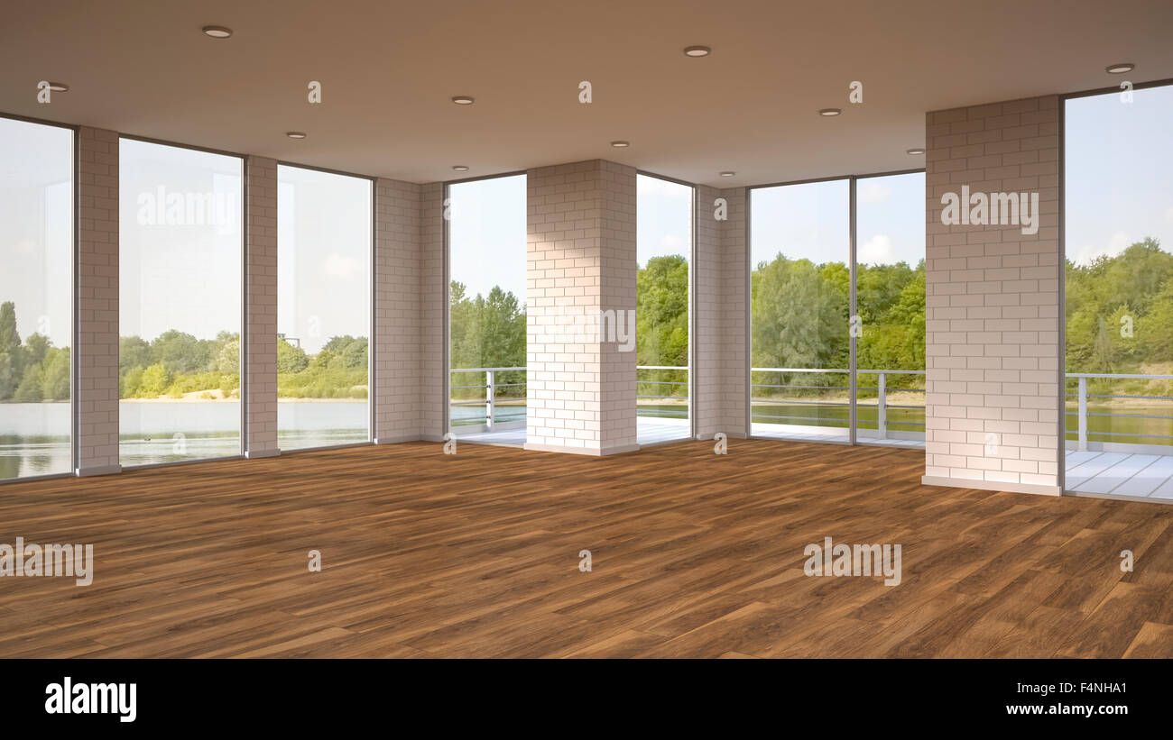 Empty room with wooden floor and view to a lake, 3D Rendering Stock ...