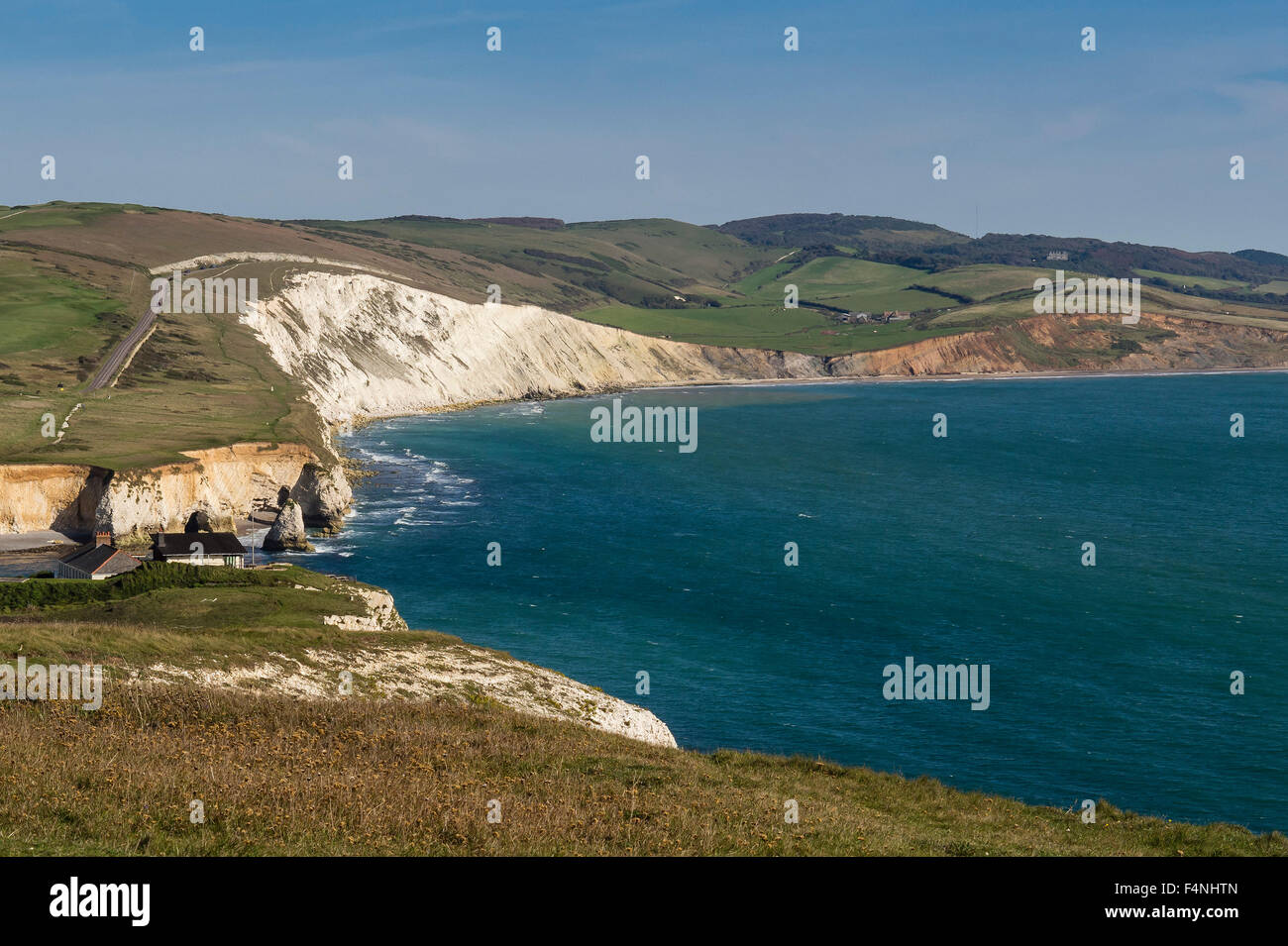 Freshwater Bay with Afton Down and Compton Down in the background, Isle ...
