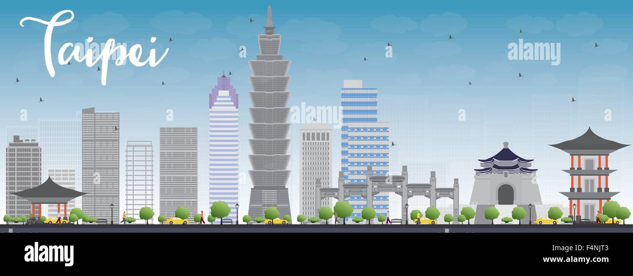 Taipei skyline with grey landmarks and blue sky. Vector illustration ...