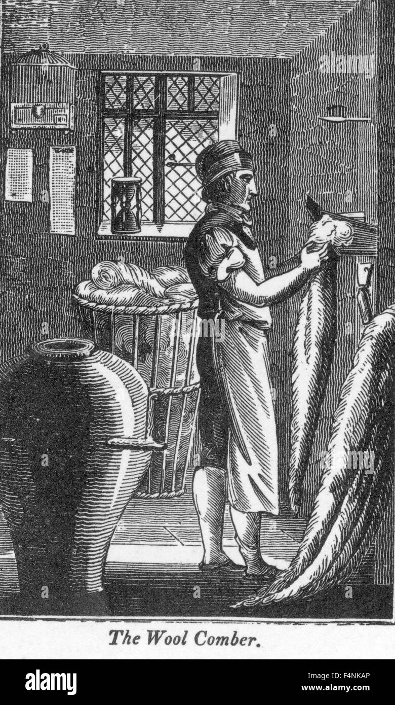 WOOL COMBING from 1824 edition of The Book of Trades Stock Photo - Alamy