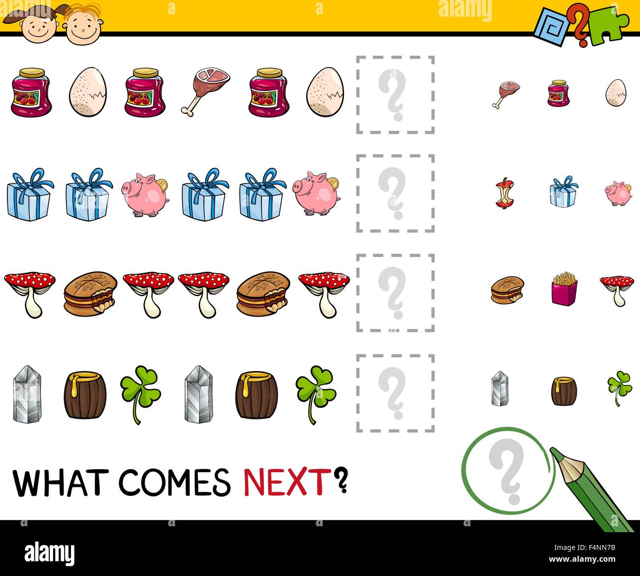 Cartoon Illustration of Completing the Pattern Educational Task for ...