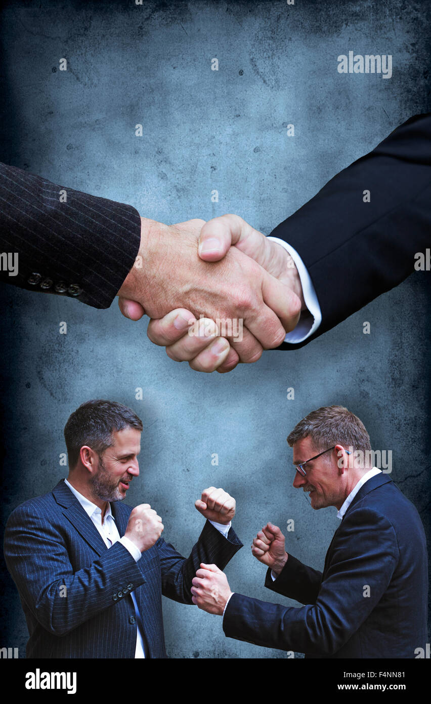 two businessmen fighting and a closeup of a handshake Stock Photo - Alamy