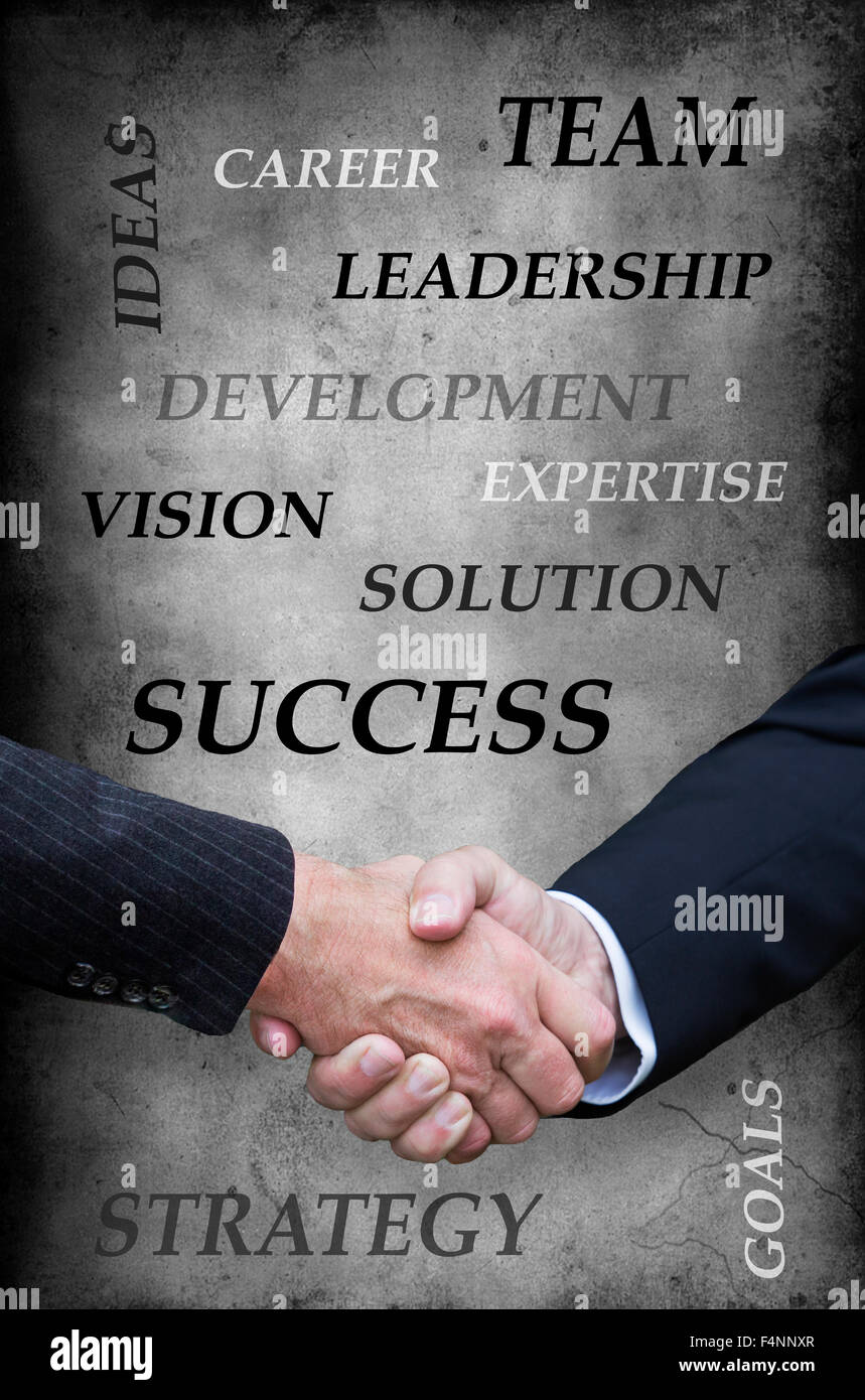 handshake of businessmen and words written in the background Stock ...