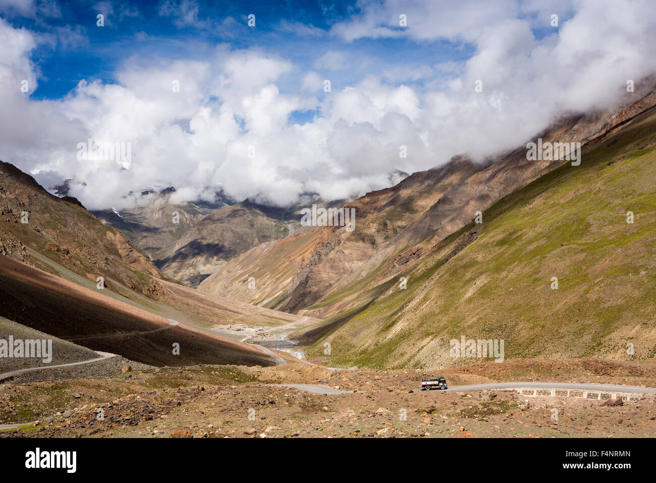 India, Himachal Pradesh, Lahaul and Spiti, Darcha, oil tanker on road ...