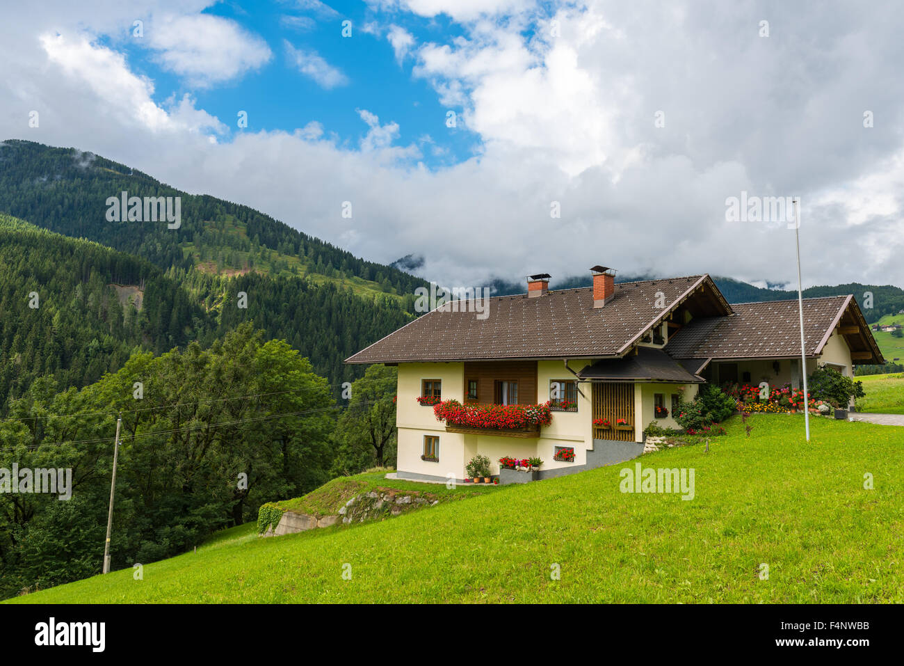 Traditional alpine house in green forest mountains. Horizontal shot ...
