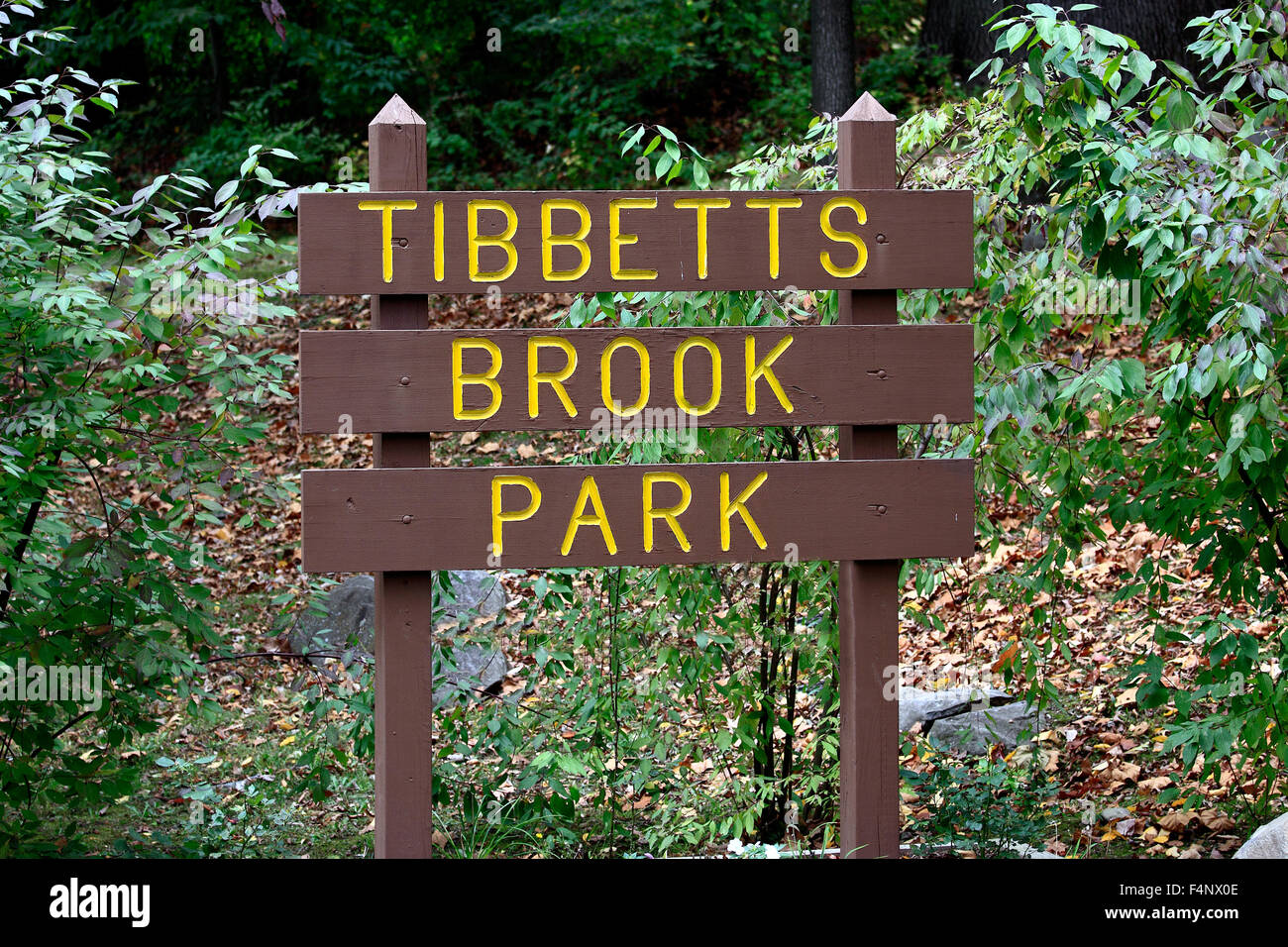 Sign at entrance to Tibbetts Brook Park Westchester County Yonkers New ...