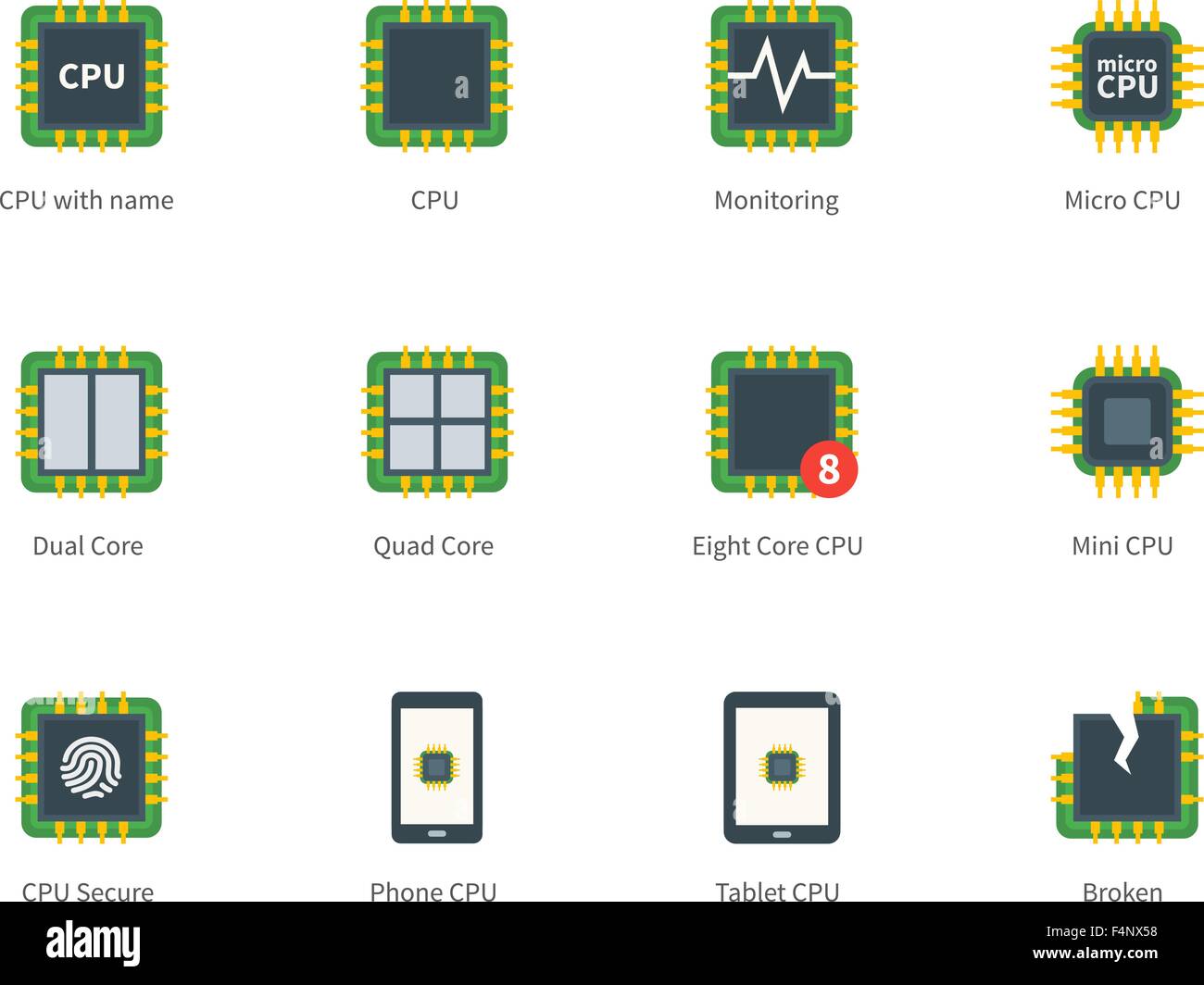 Modern computer processor color icons on white background Stock Vector ...