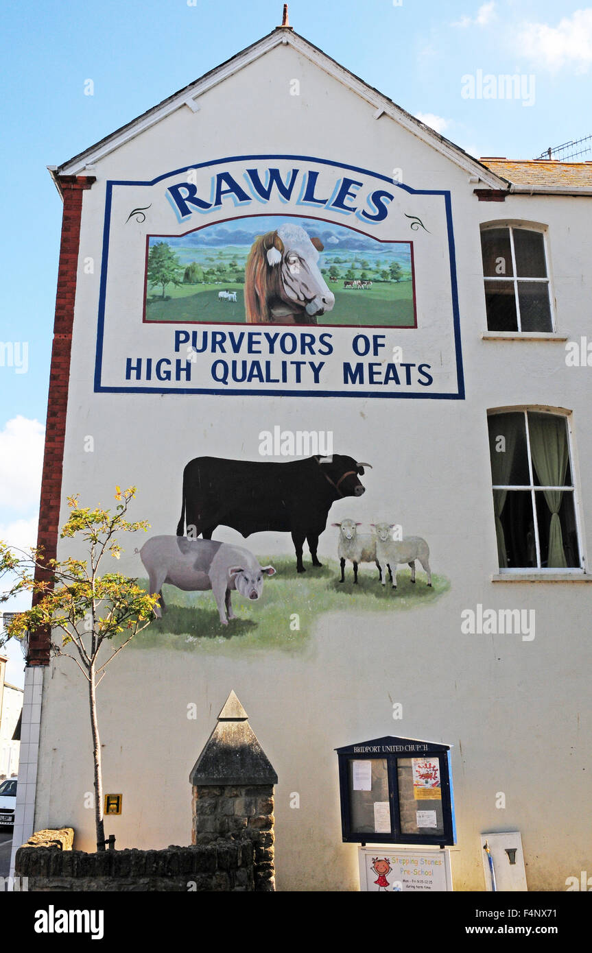 Wall painting advertising Butcher's shop in East Street, Bridport Stock ...
