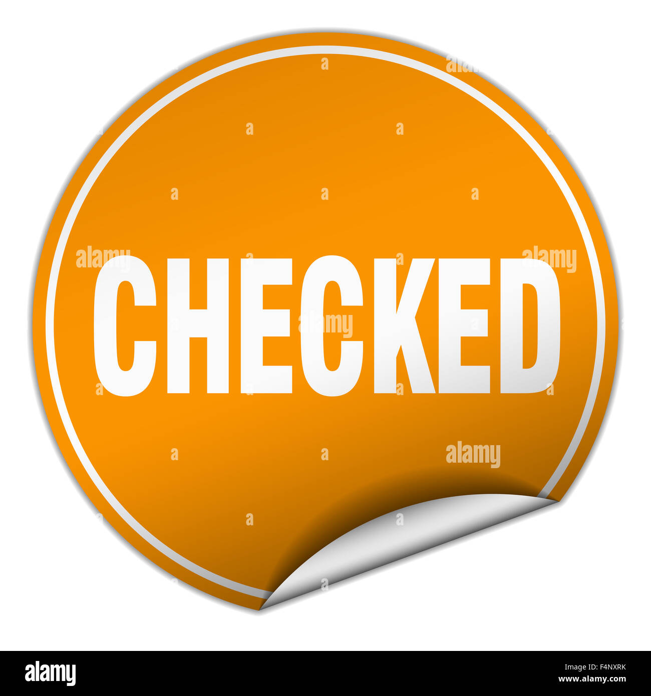 checked round orange sticker isolated on white Stock Photo - Alamy