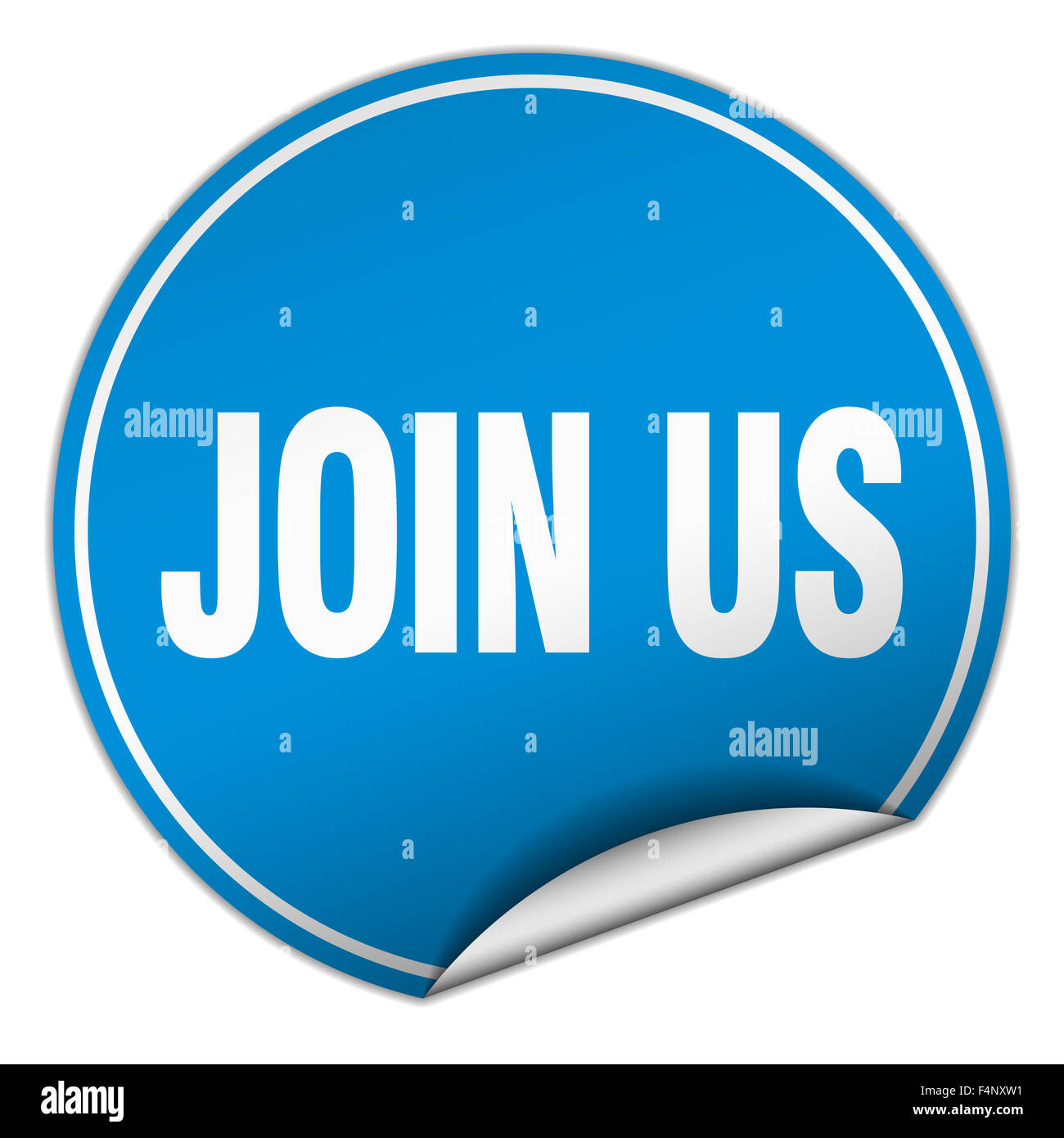 join us round blue sticker isolated on white Stock Photo - Alamy
