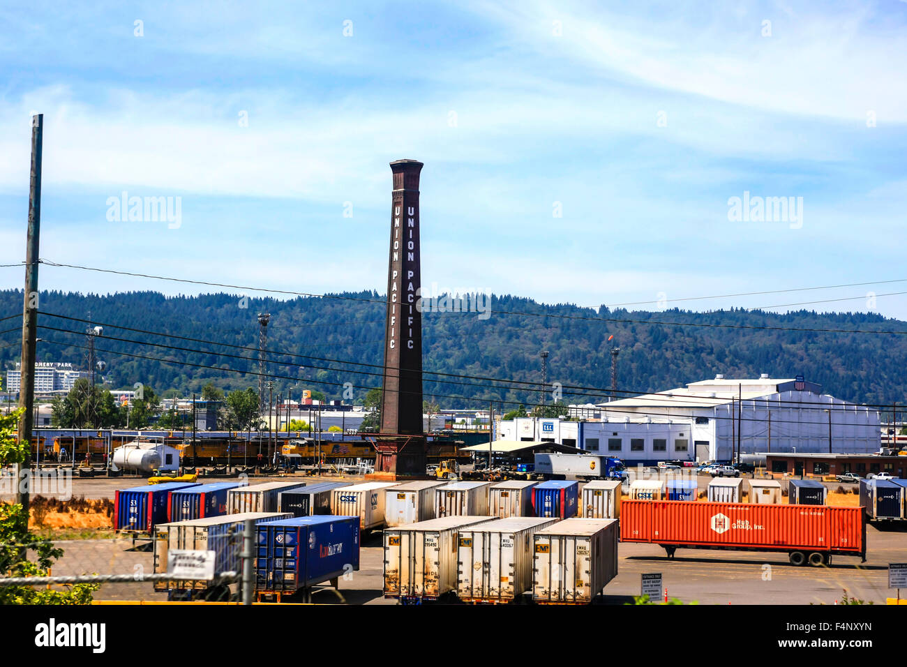 Union Pacific old disused smoke stack in the middle of a railway depot ...