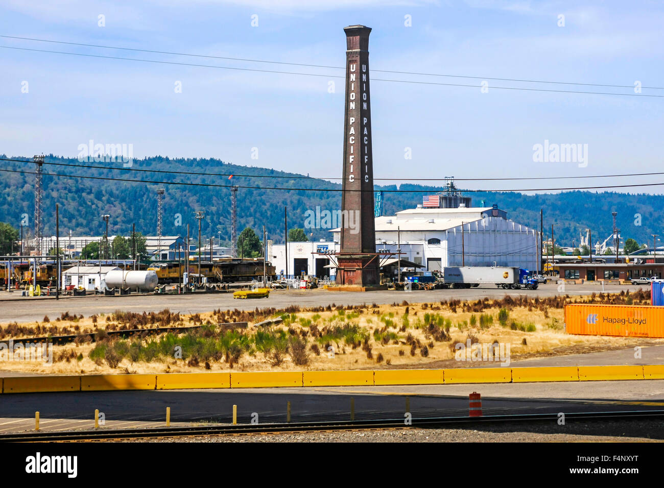 Union Pacific old disused smoke stack in the middle of a railway depot ...