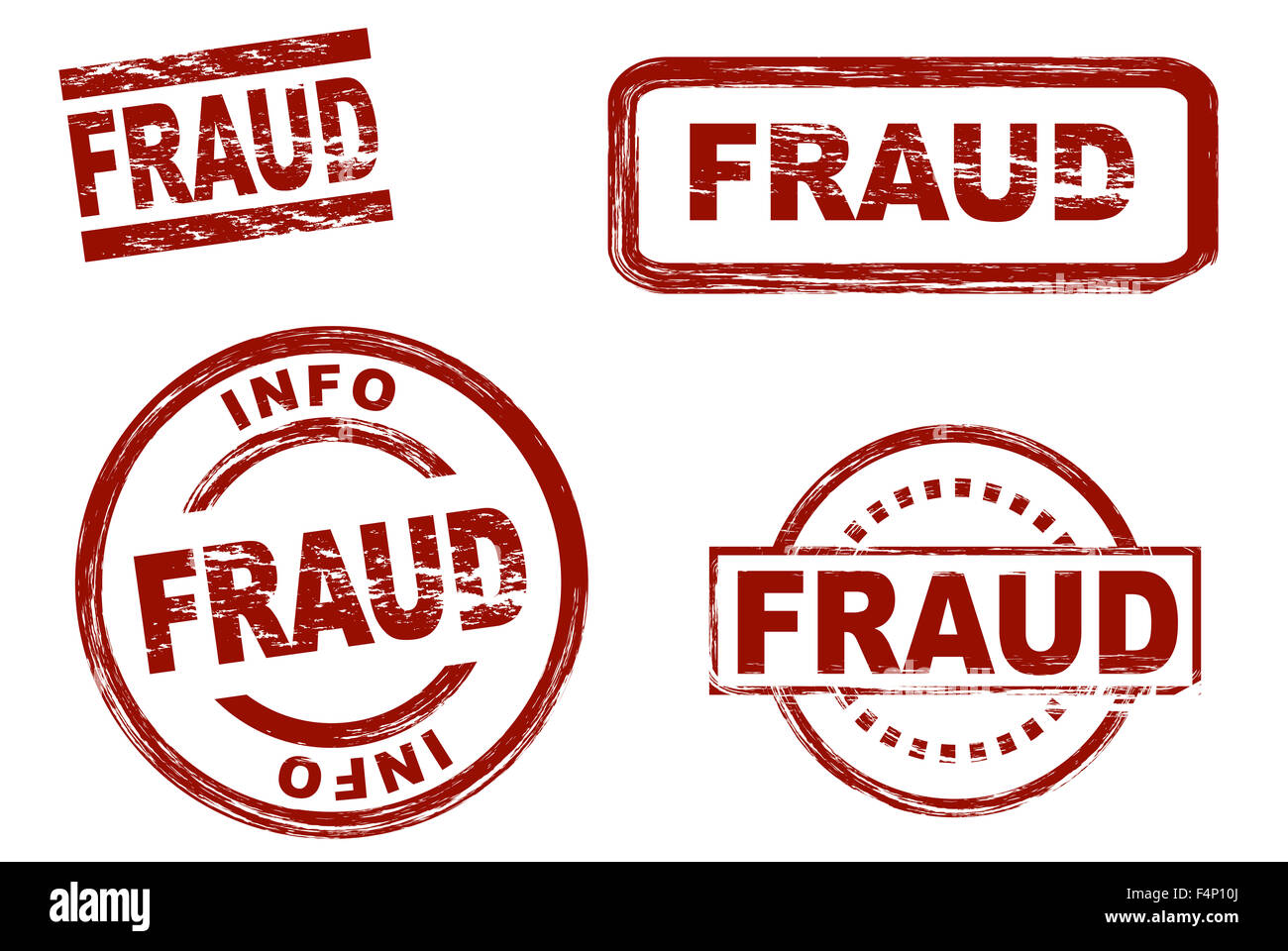 Set of stylized red ink stamps showing the term fraud. All on white ...