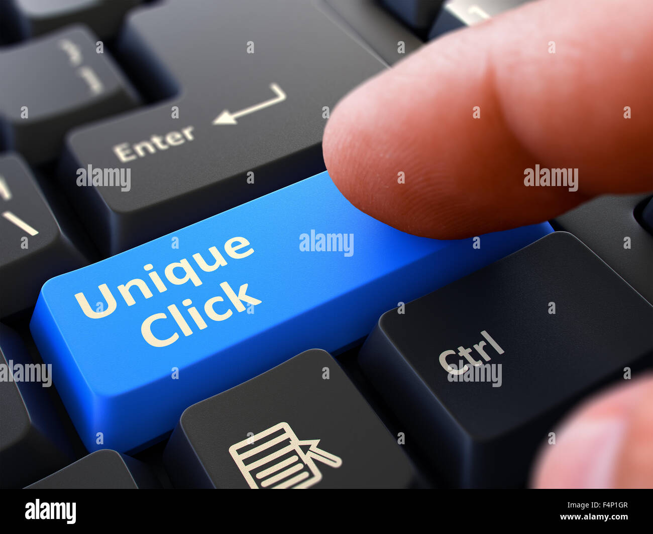 Finger Presses Blue Button Person Click on Black Keyboard Background ...