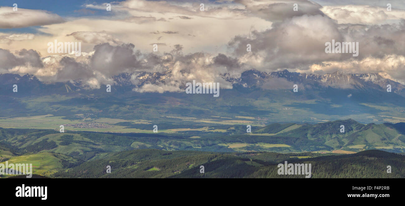 Panoramic view of High Tatras in Slovakia from summit of Kralova hola ...