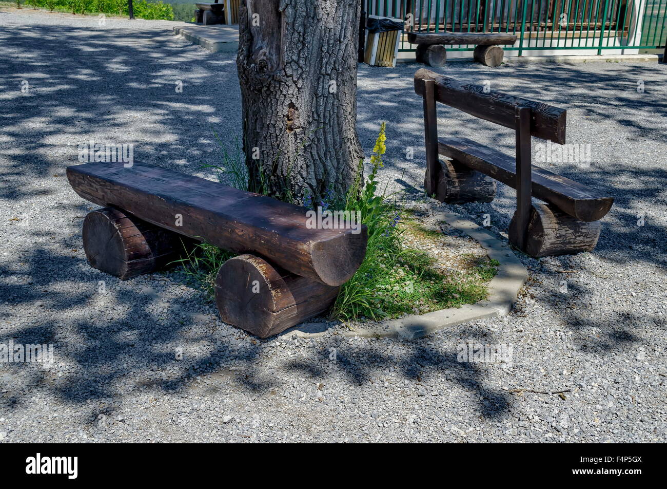 Bench for repose by upper funicular station, Bulgaria Stock Photo - Alamy