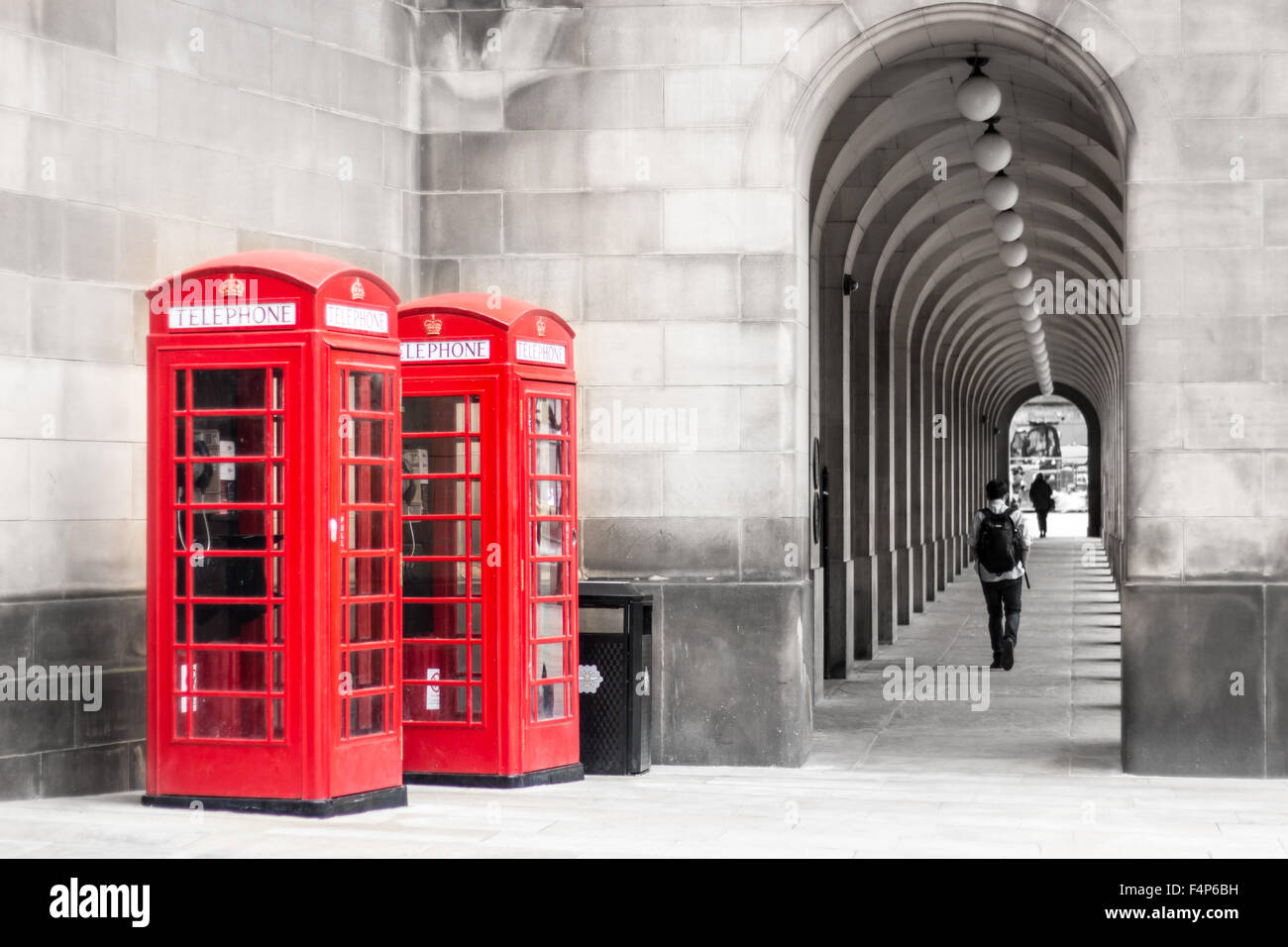 British Red Telephone Boxes by Archway of Manchester Town Hall outside ...