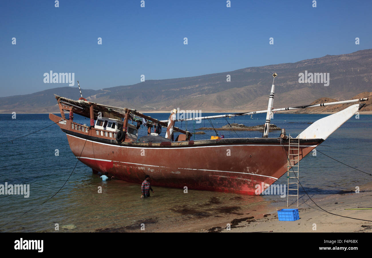 Dhau in the old fishing harbour of Mirbat in the south of Oman Stock ...