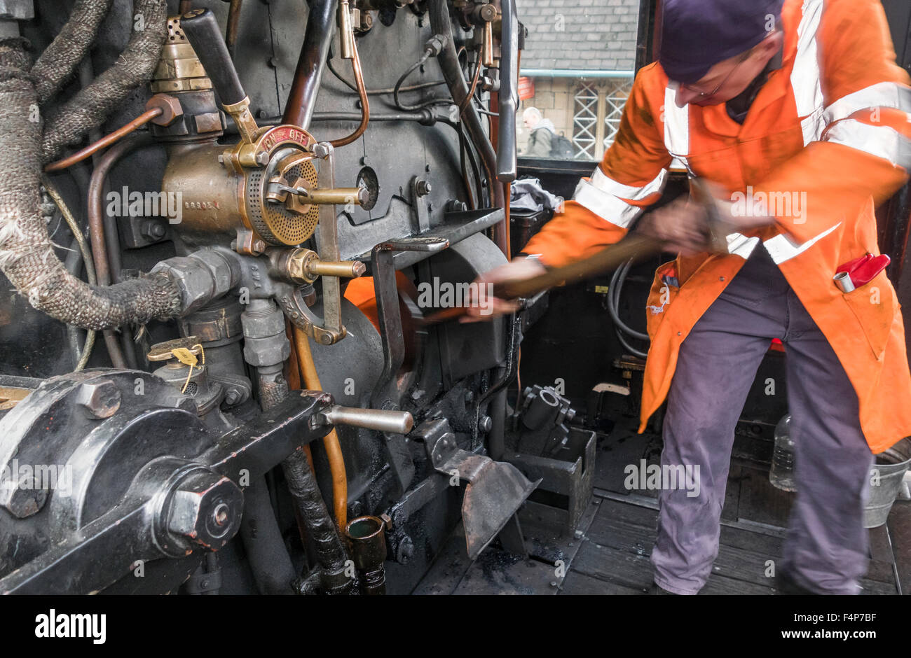 Stoking boiler on steam train. North Yorkshire Moors Railway. England ...