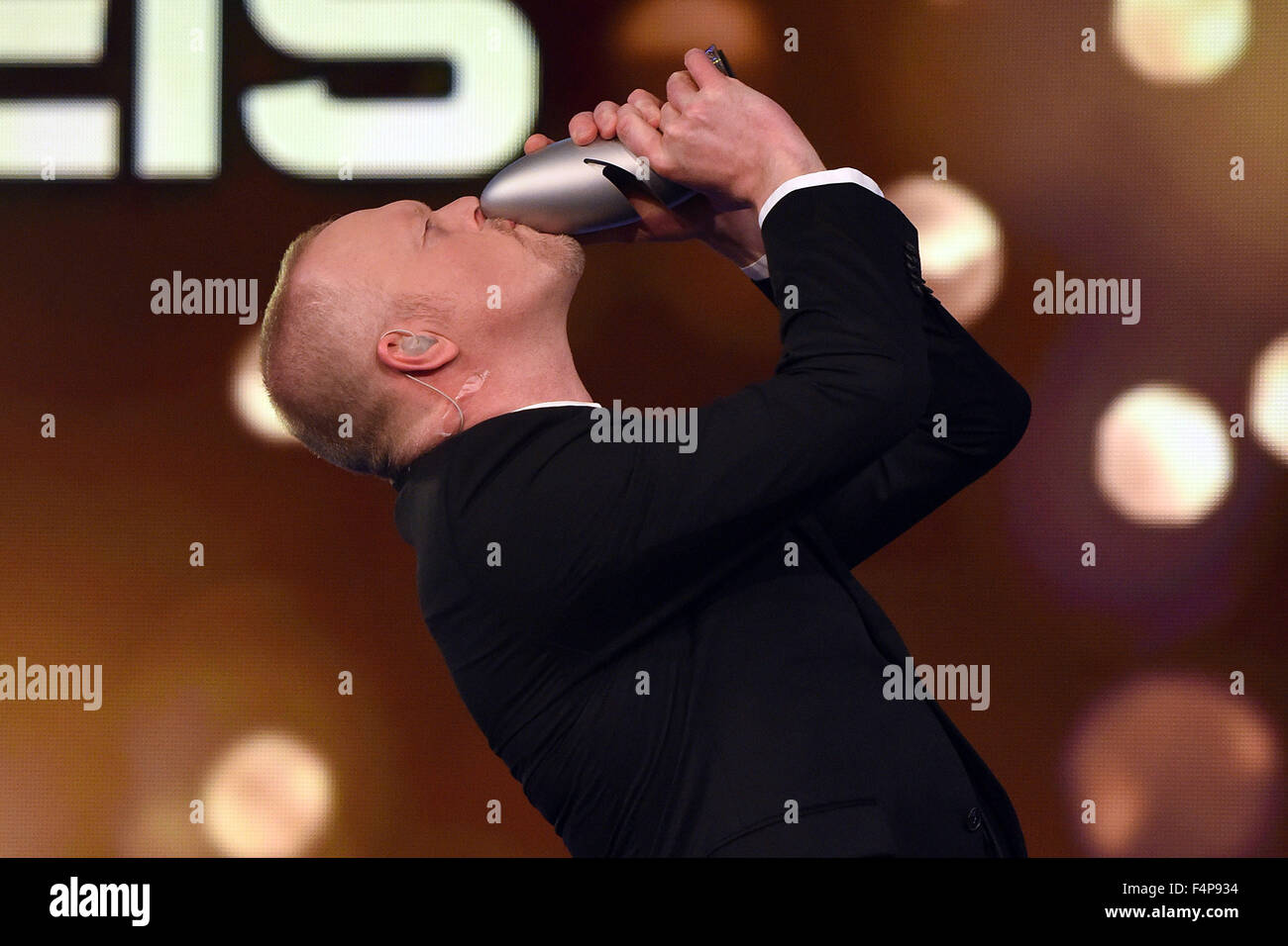 Cologne, Germany. 20th Oct, 2015. Prize-winner Stefan Raab celebrates ...