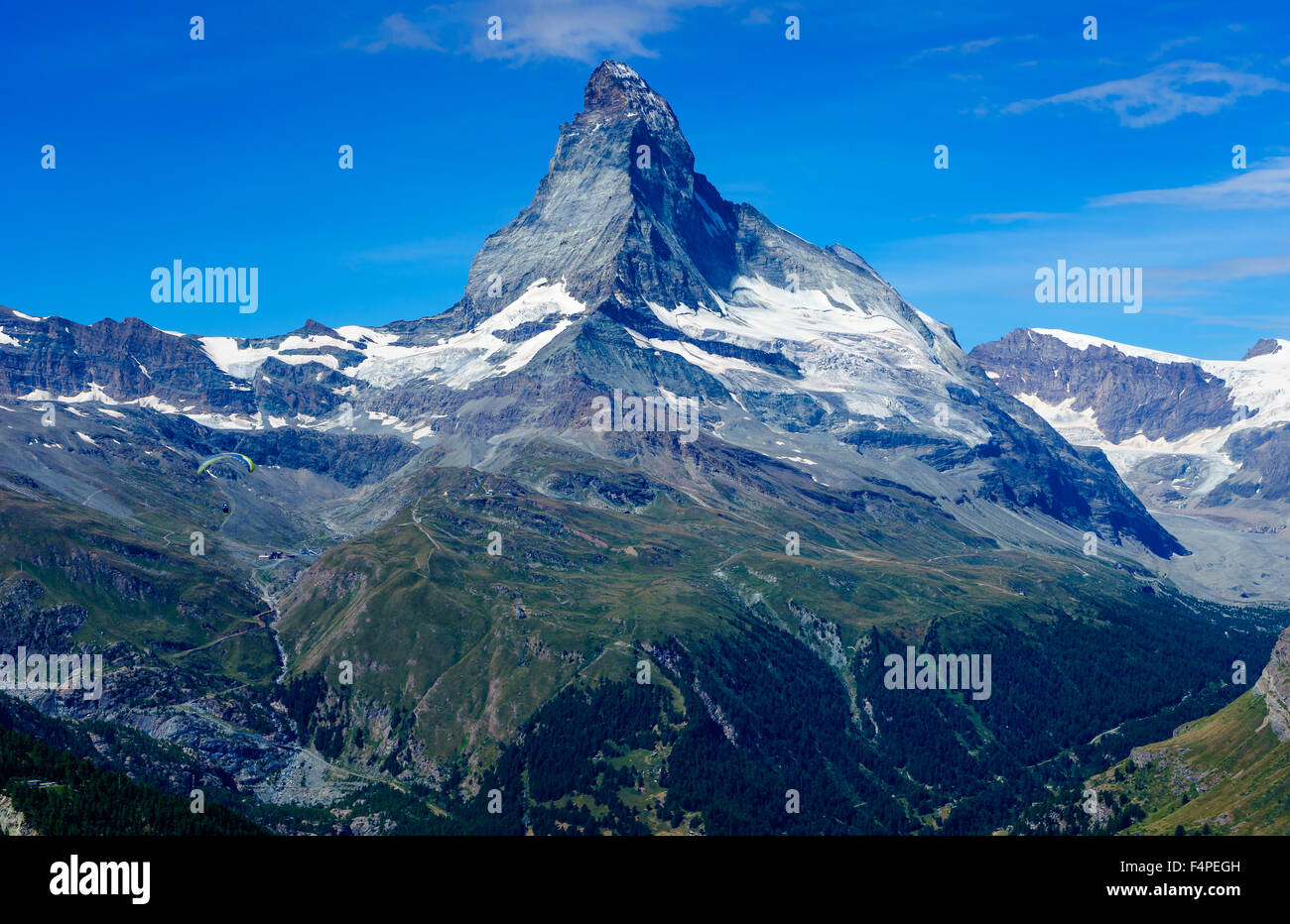 Straight view of the famous Matterhorn peak in the Swiss Alps. July ...