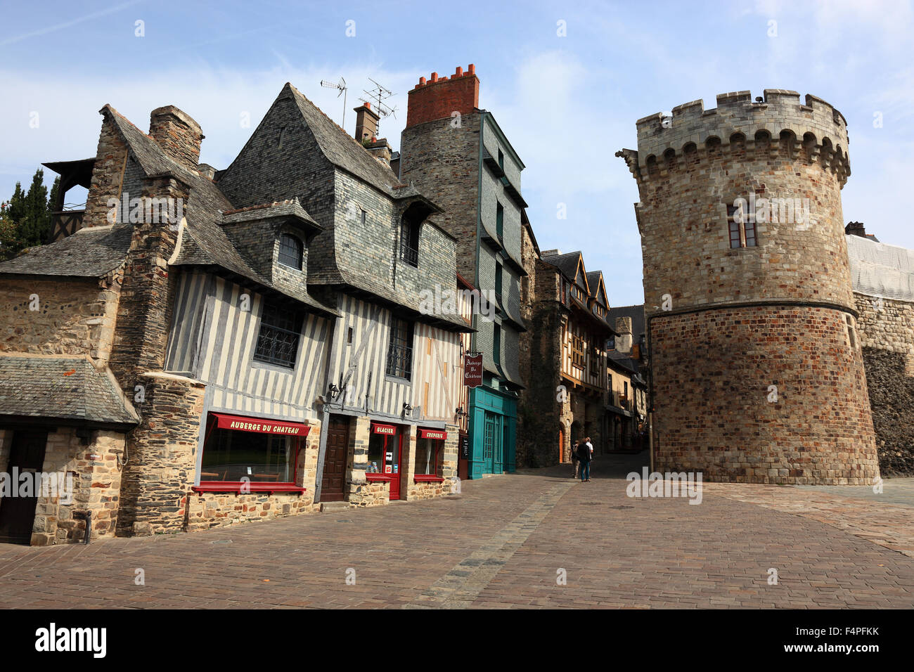 France, Brittany, Medieval houses in front of the castle of Vitre Stock ...