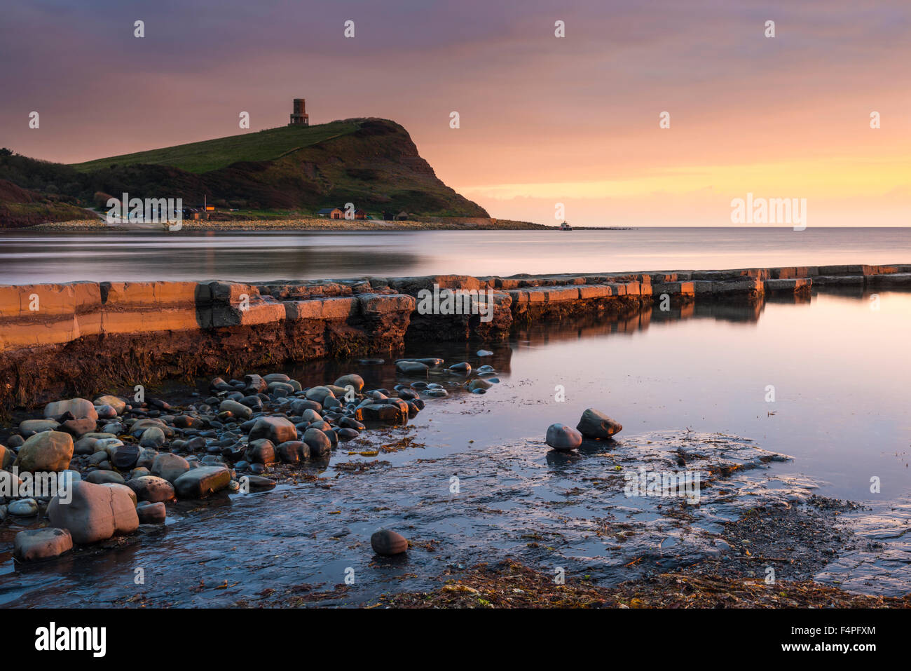 Sunset at Kimmeridge Bay on Dorset's Jurassic Coast, showing Clavell ...
