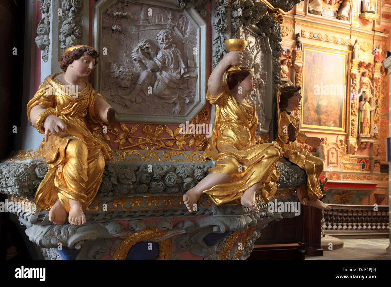 France, Brittany, Saint-Thegonnec, in the altar area of the church ...
