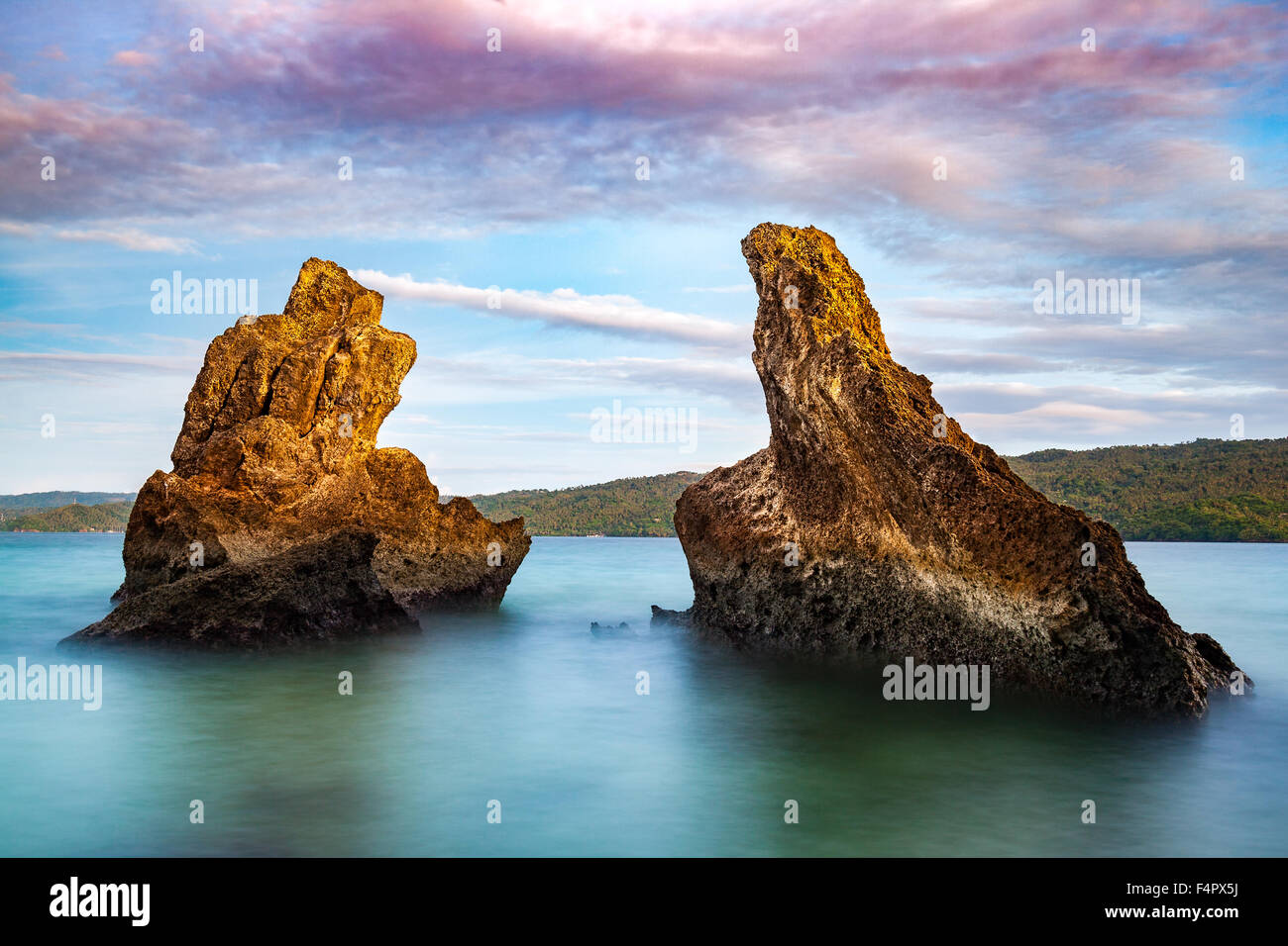 Sunrise with two huge rocks near Cayo Levantado island, Dominican ...