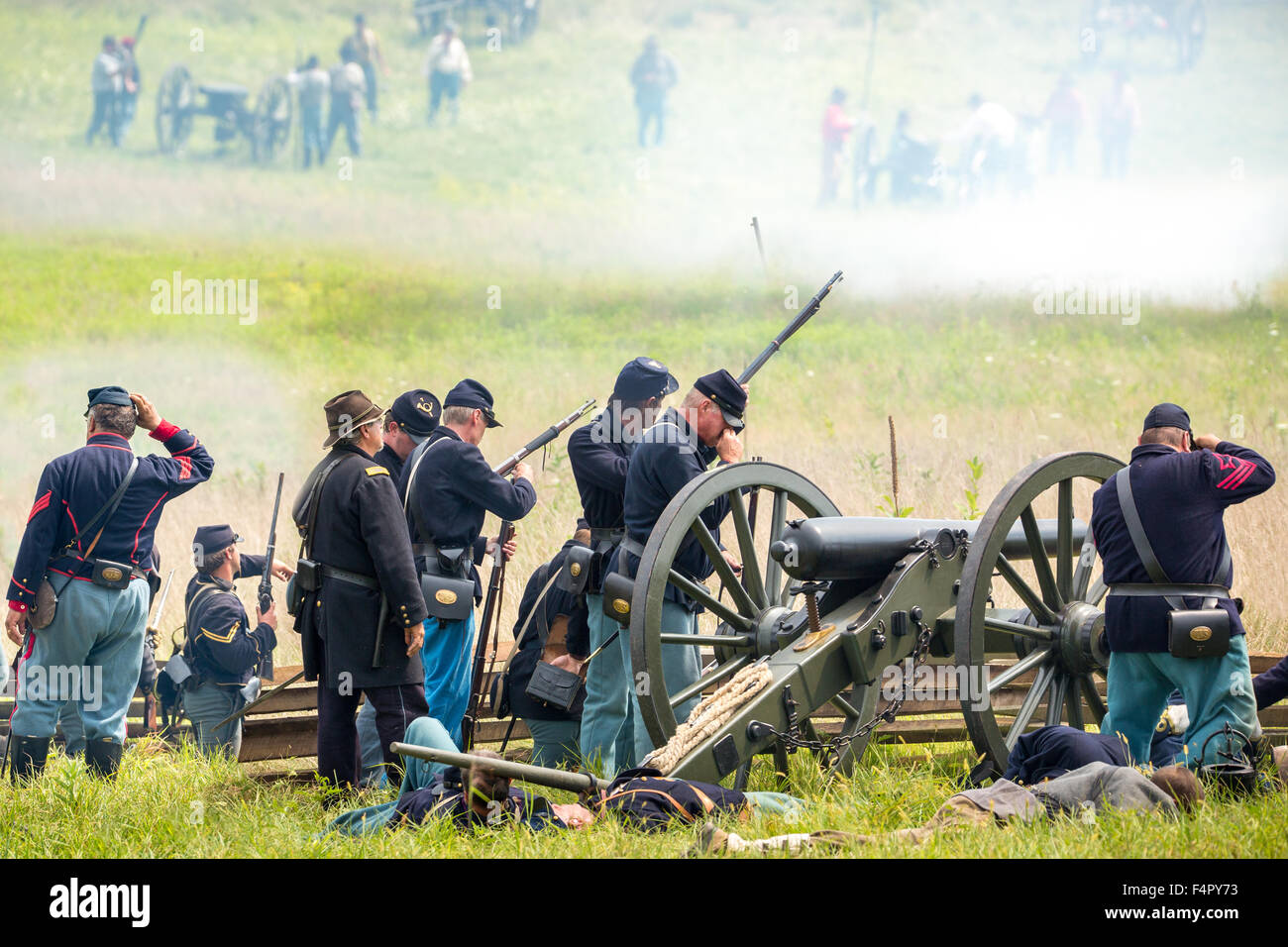 Unidentifiable union soldiers battle during the reenactment of the ...