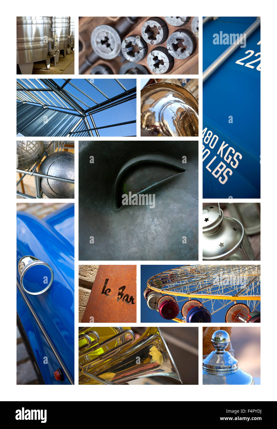 Various metallic objects and structures on a collage Stock Photo - Alamy