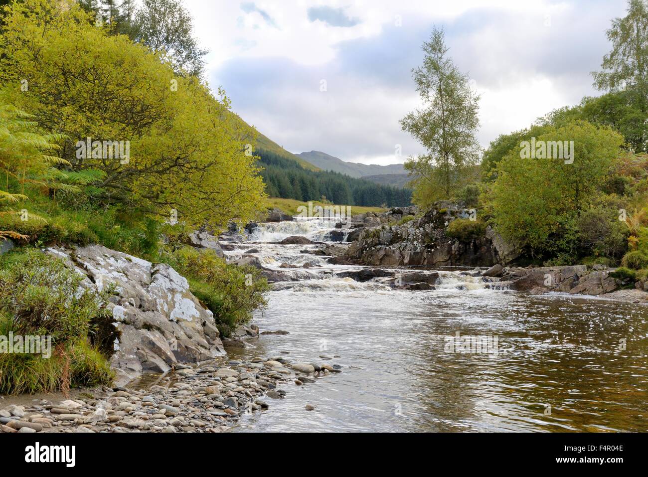 Spate river (Allt Bail' a' mhuilinn) in the southern highlands of ...