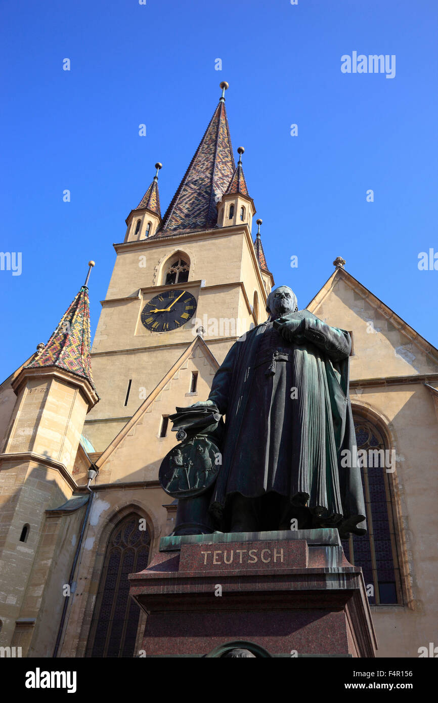 Protestant parish church and statue of Friedrich Teutsch, 1852-1933, a ...