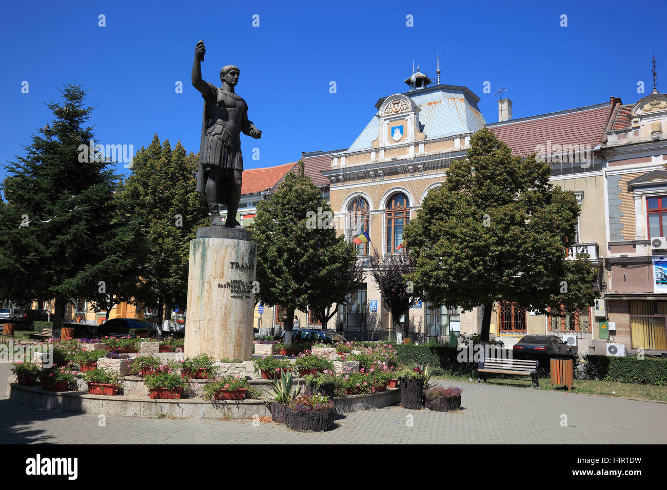 "Deva; statue of the Roman emperor Trajan in front of the Town Hall ...