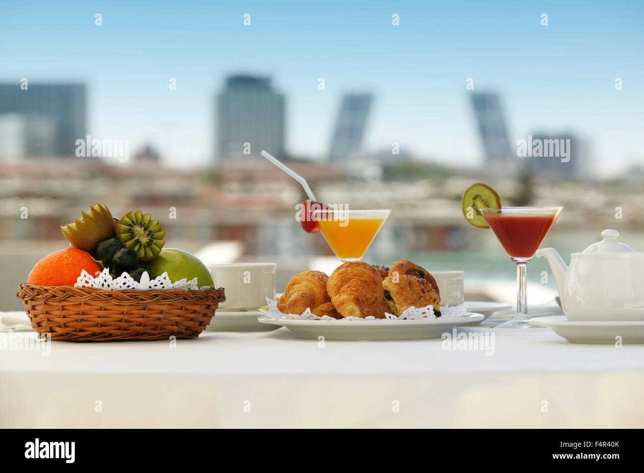 Breakfast in a terrace of Madrid with buildings in the background Stock ...