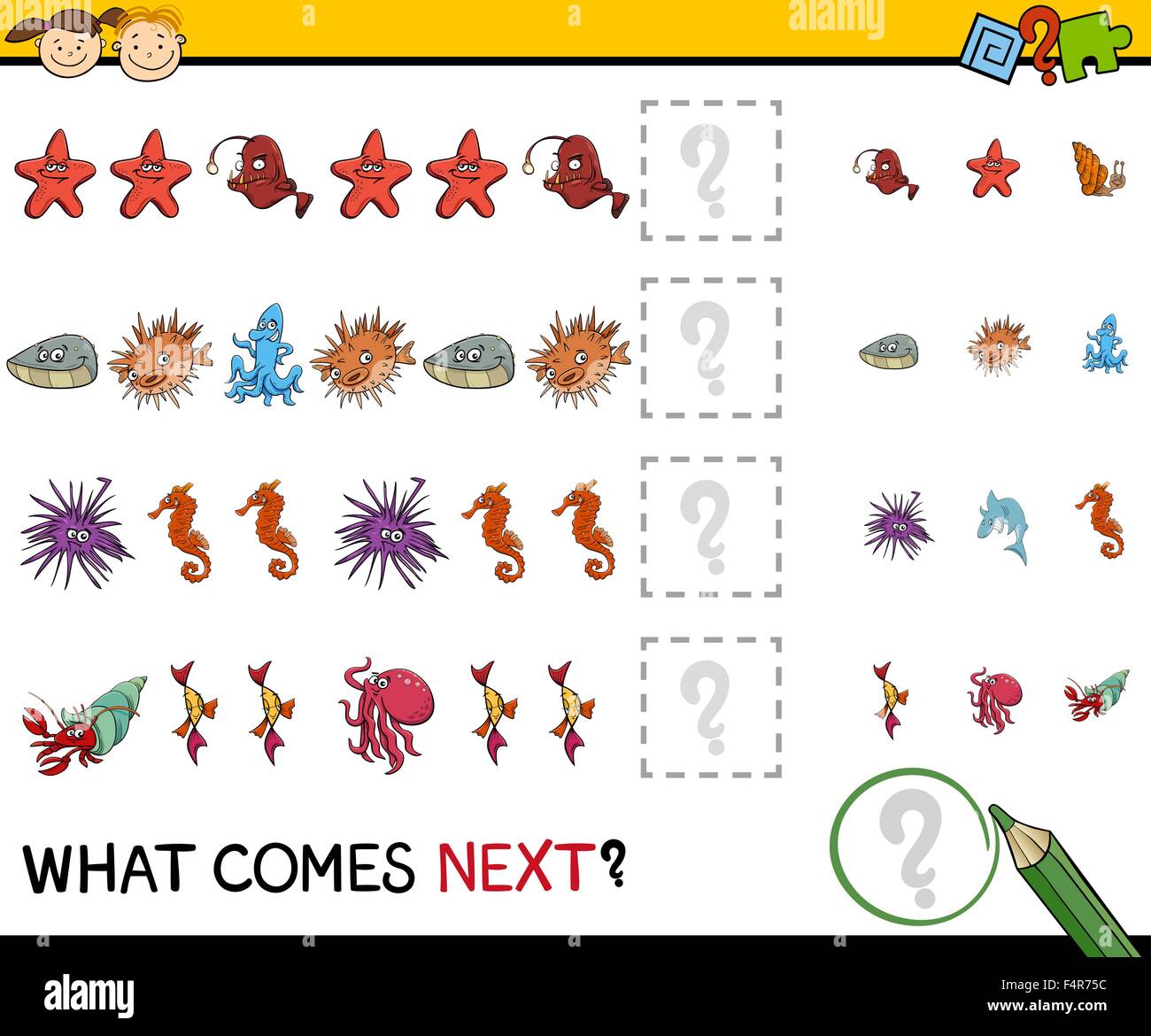 Cartoon Illustration of Completing the Pattern Educational Task for ...