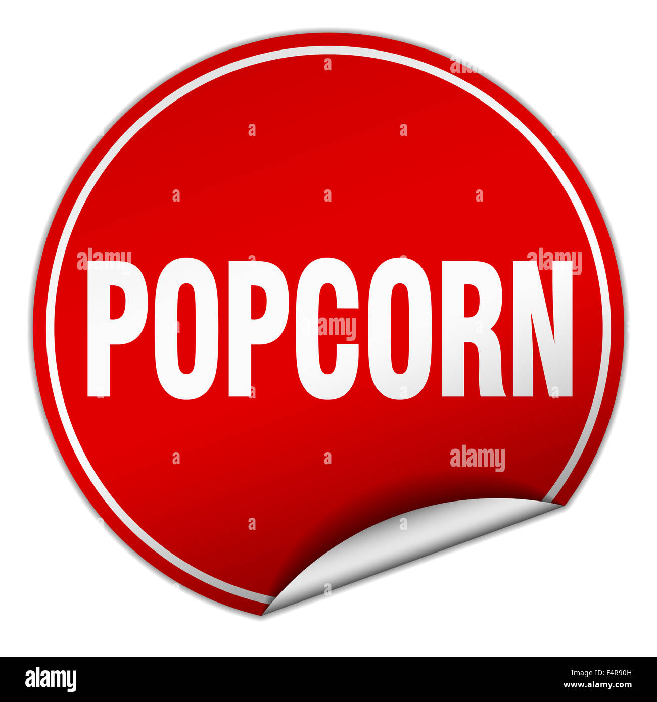 popcorn round red sticker isolated on white Stock Photo - Alamy