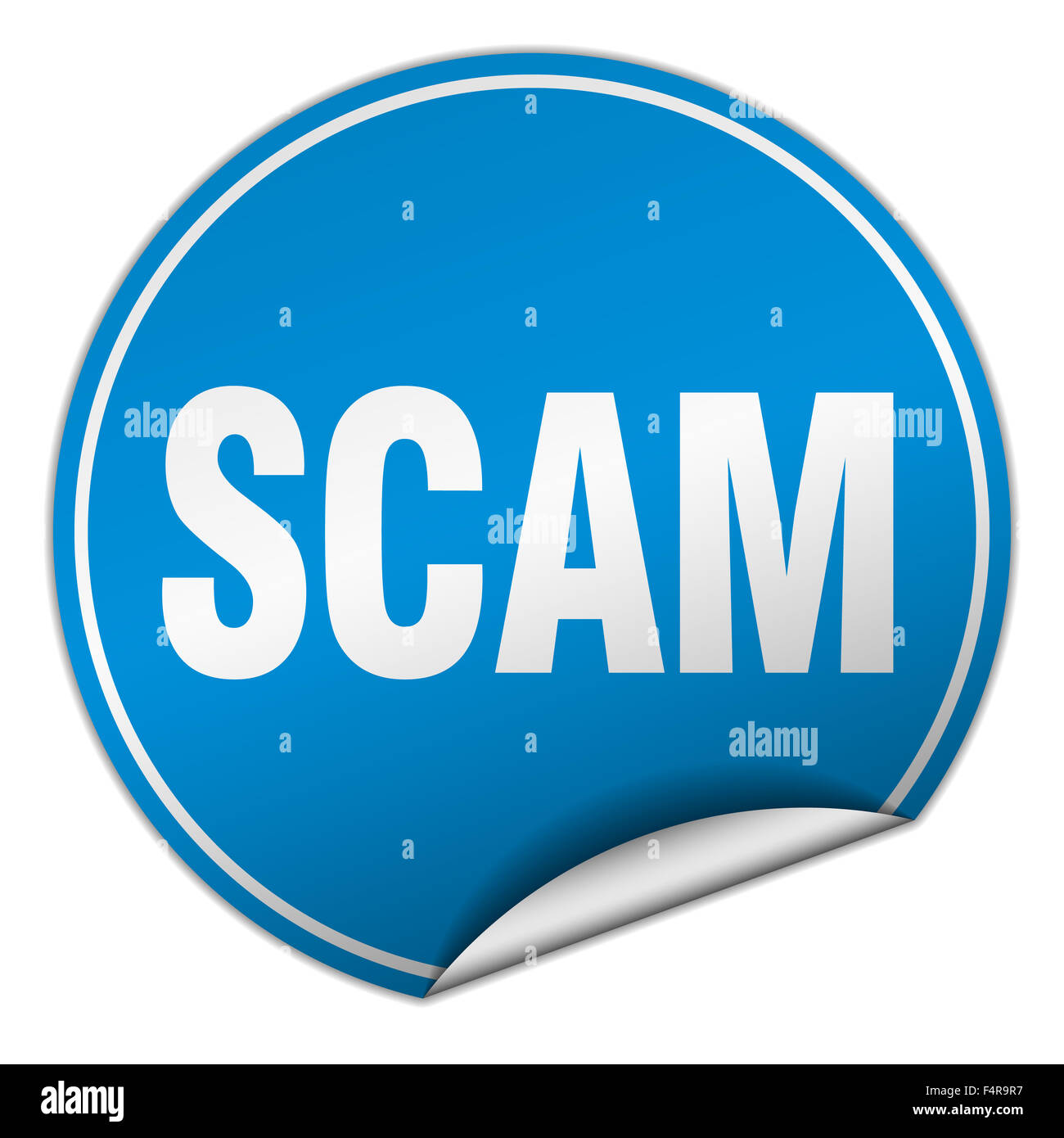 scam round blue sticker isolated on white Stock Photo - Alamy