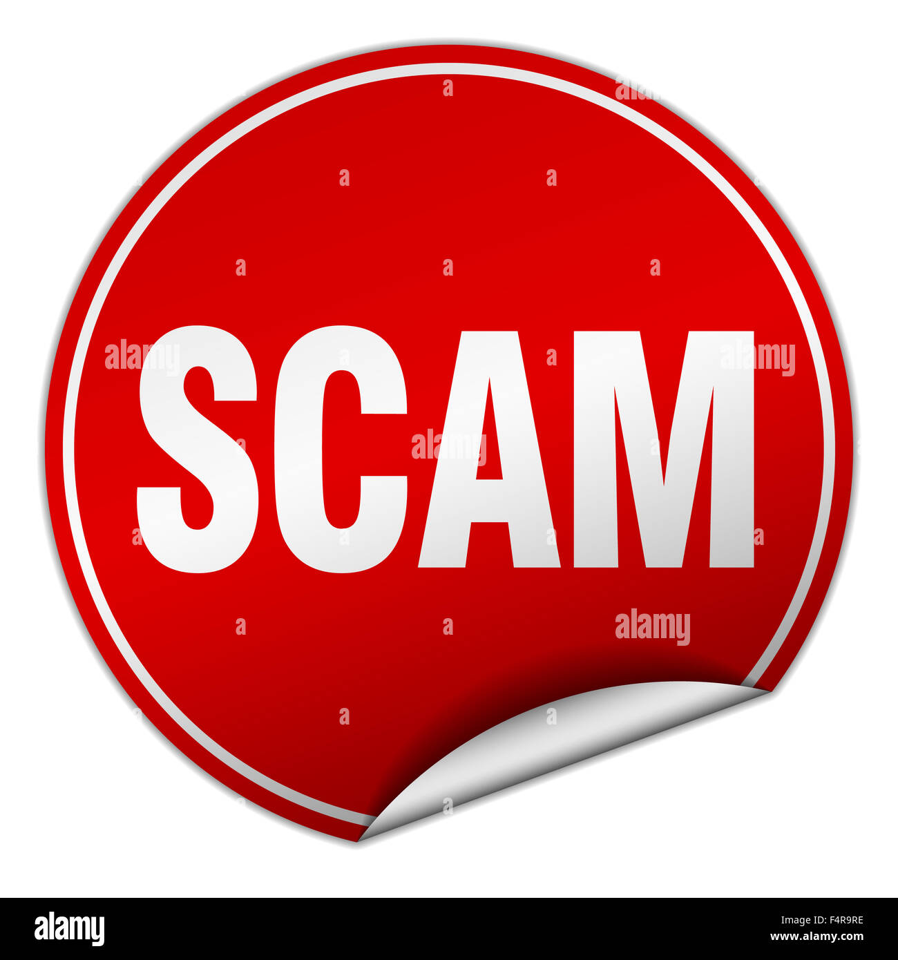 scam round red sticker isolated on white Stock Photo - Alamy