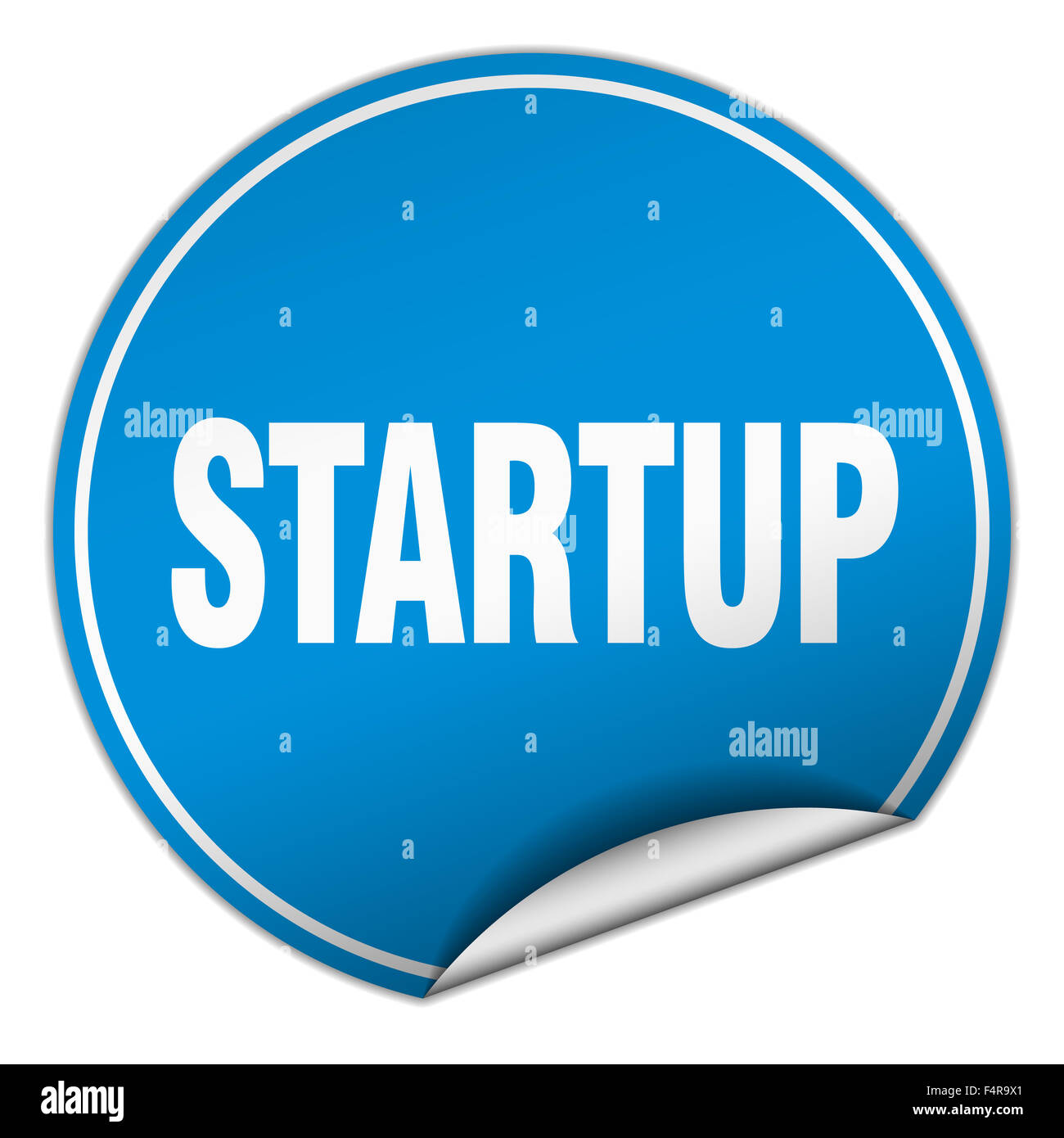 startup round blue sticker isolated on white Stock Photo - Alamy