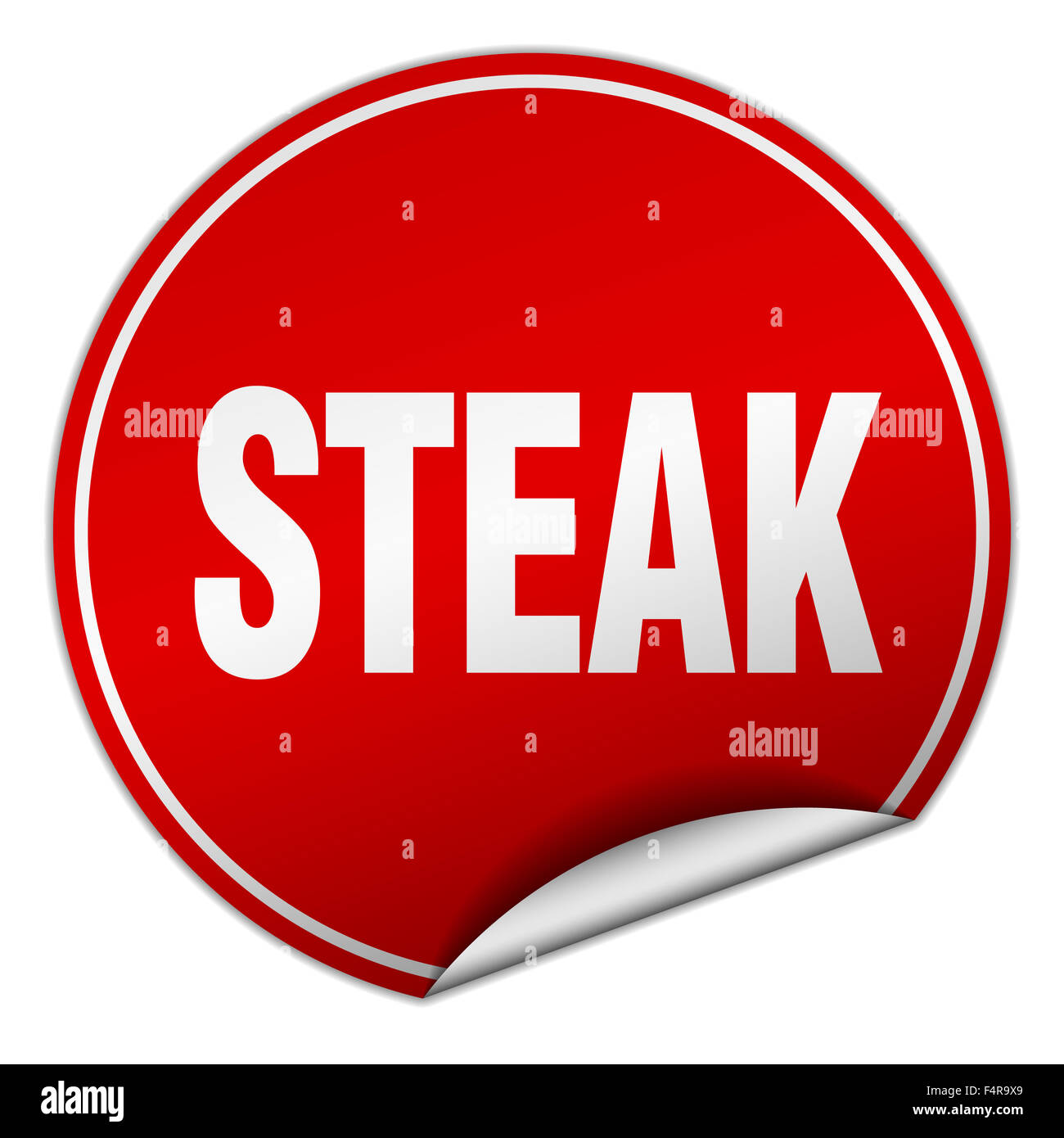 steak round red sticker isolated on white Stock Photo - Alamy