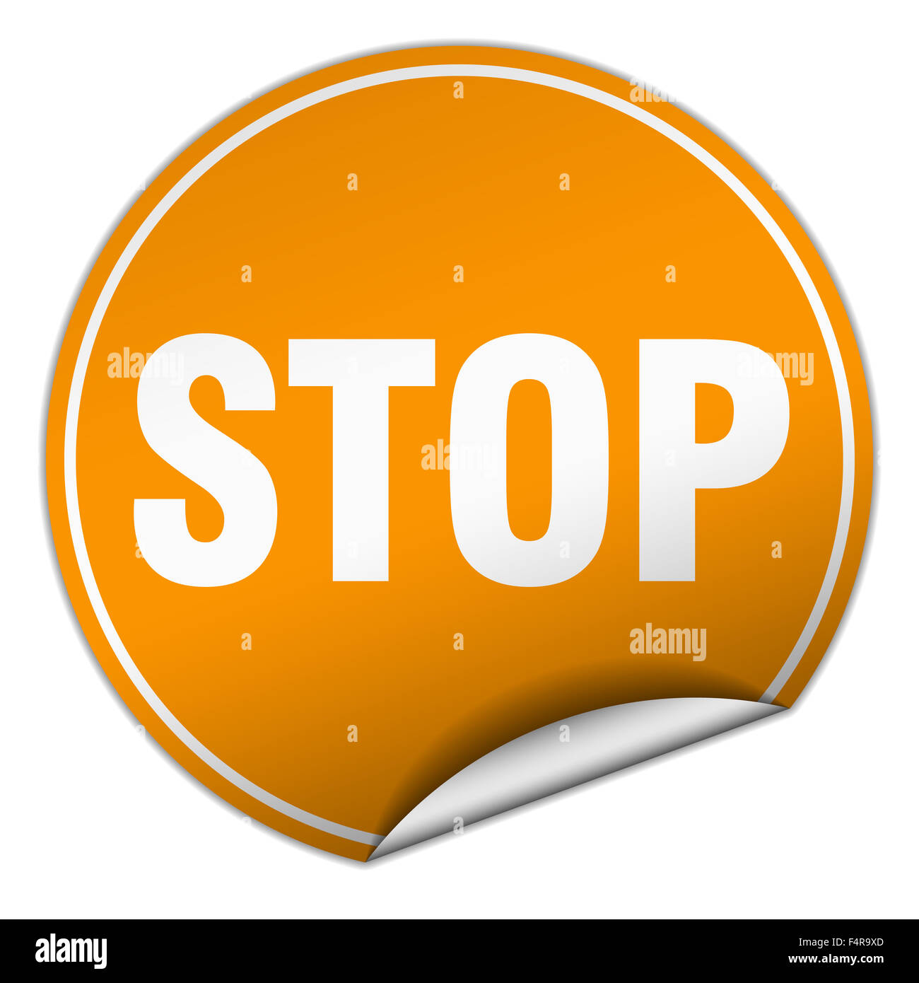 stop round orange sticker isolated on white Stock Photo - Alamy
